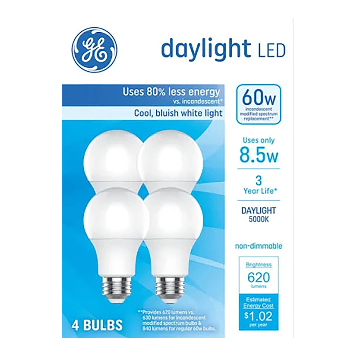 GE Lighting Daylight LED Light Bulb, A19 Medium Base, 8.5 Watt, 4 Coun ...